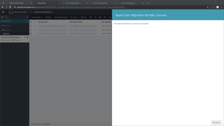 Bittitan MigrationWiz - The selected Mailboxes cannot be subscribed ...